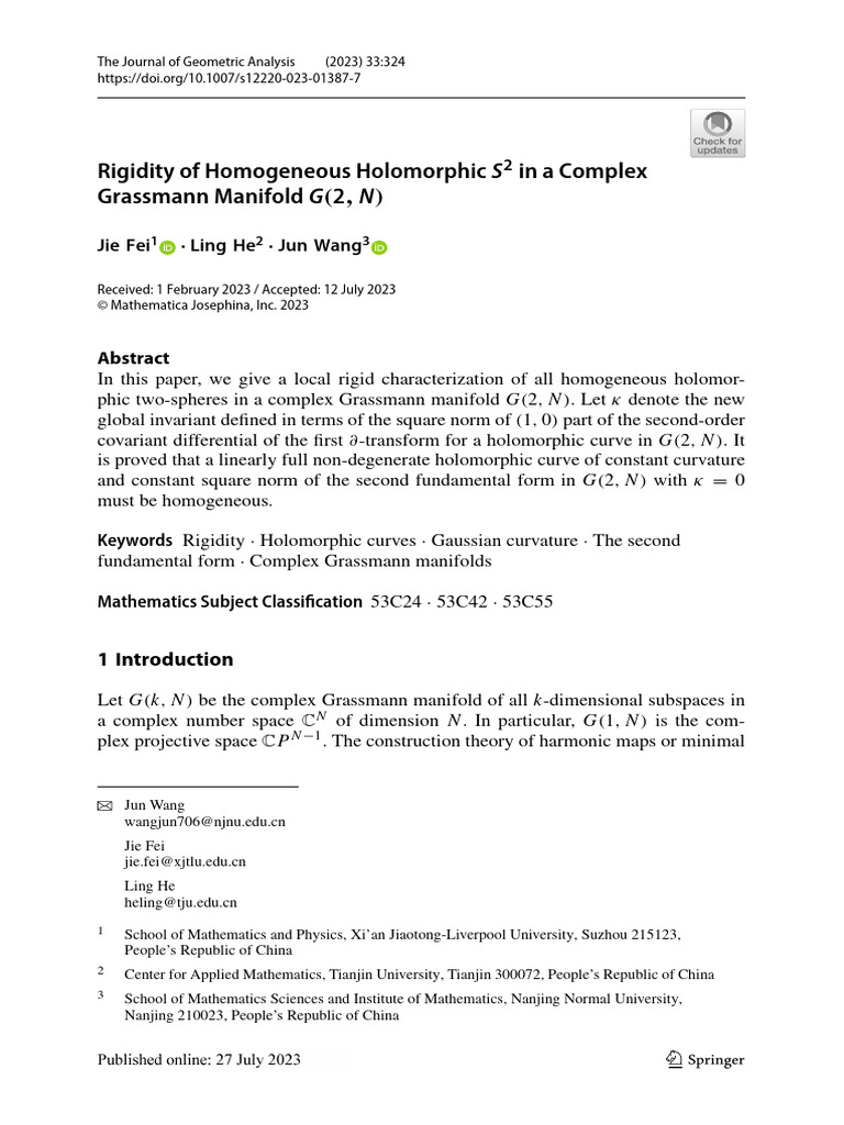 Rigidity of Homogeneous Holomorphic S 2 in A Complex Grassmann Manifold G (2, N) | PDF ...