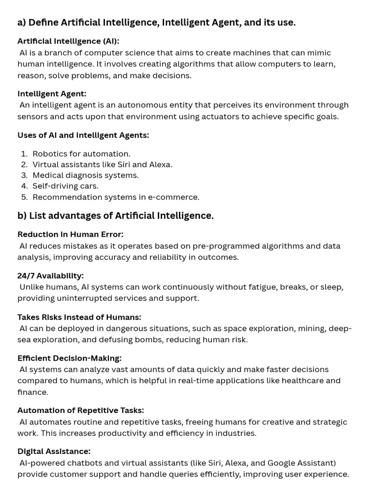 a) Define Artificial Intelligence, Intelligent Agent, and its use. | PDF | Artificial ...