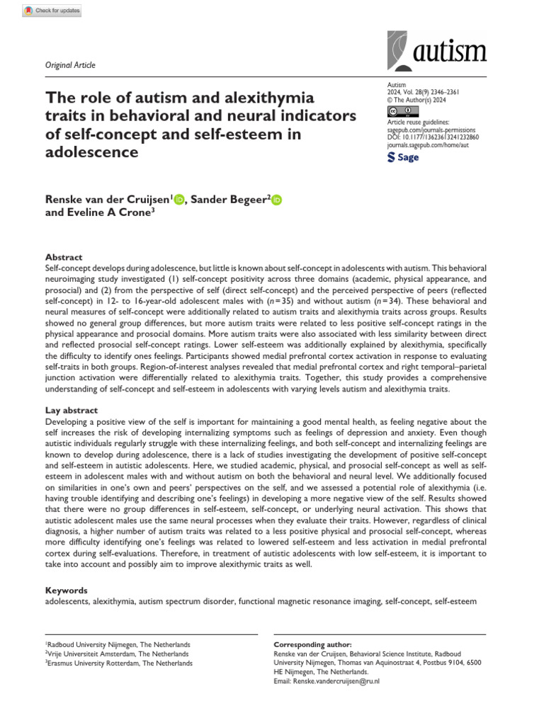 The Role of Autism and Alexithymia Traits in Behavioral and Neural Indicators of Self-Concept ...