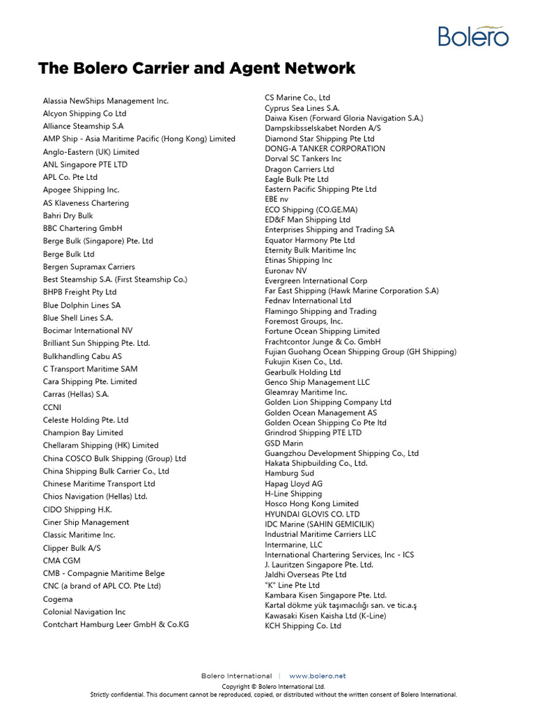 Bolero Carrier and Agent Network List | PDF | Shipping | Merchant Navy