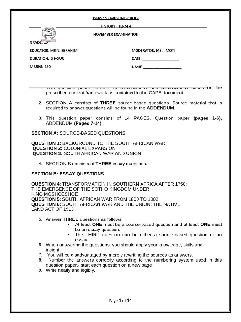Grade 10 History Term 4 Exam Paper | PDF | Second Boer War | South Africa