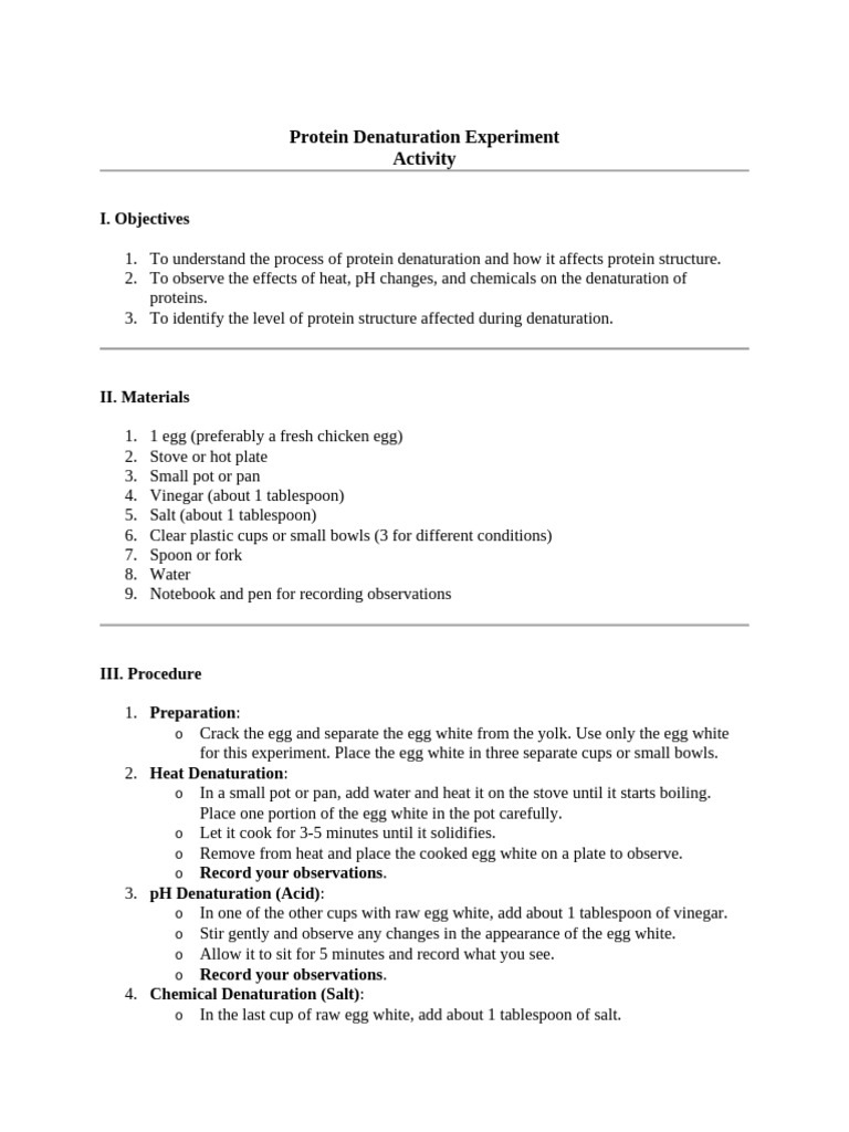 Protein Denaturation Experiment Guide | PDF | Denaturation ...