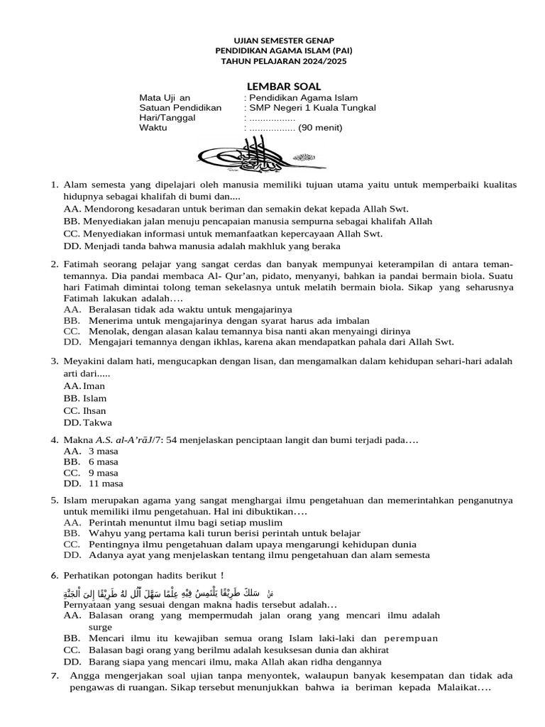 Soal Pai Kelas 7 Pai 2025 Ok | PDF