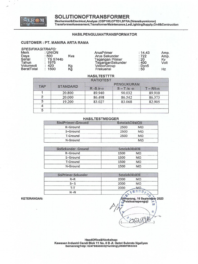 hasil megger trafo | PDF