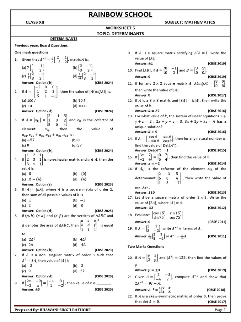 Determinant Value Calculation Worksheet | PDF