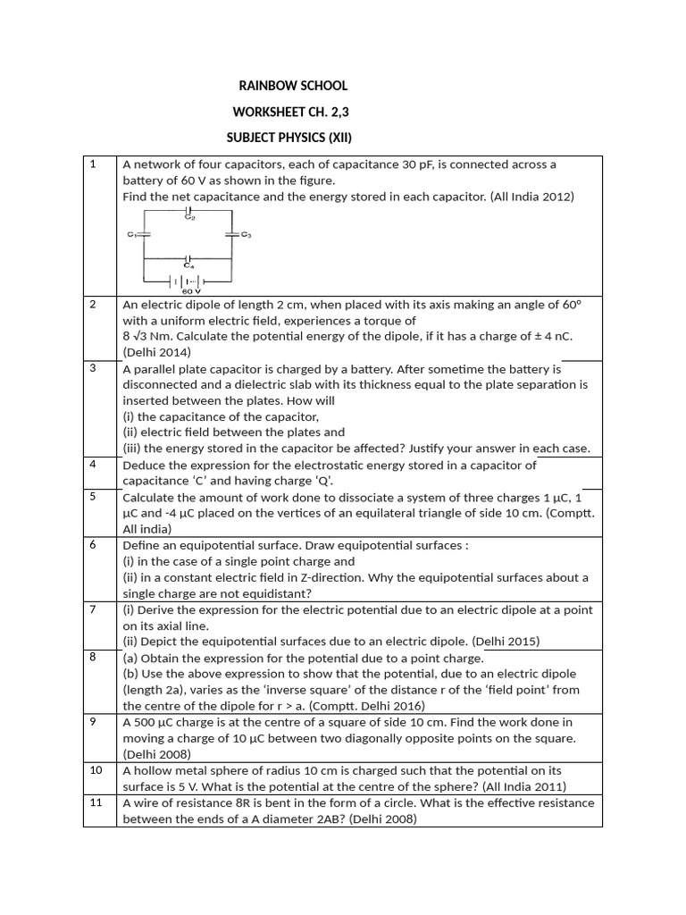 Worksheet Ch. 2,3 Rainbow | PDF | Dielectric | Capacitance
