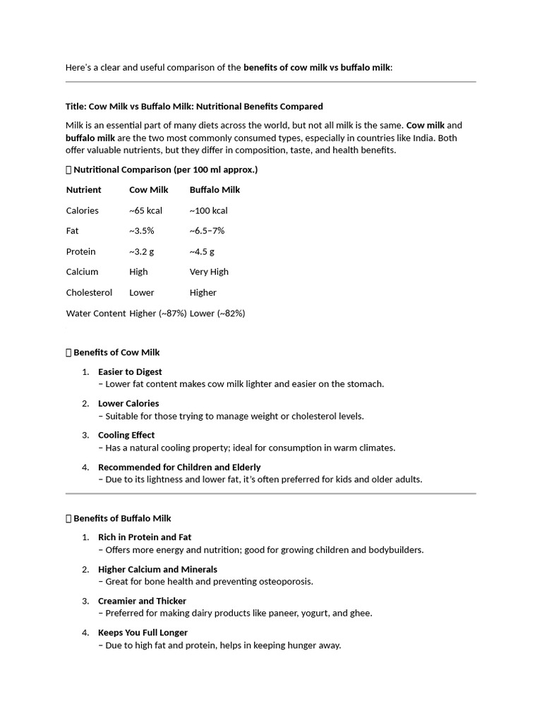 Cow vs Buffalo Milk: Nutritional Insights | PDF