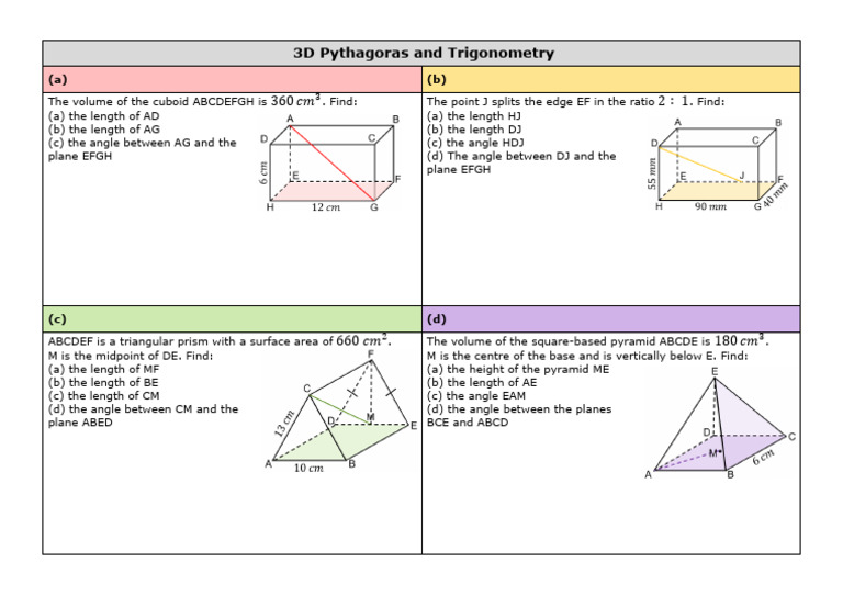 Pythagoras and Trigonometry in 3D Practice Grid | PDF