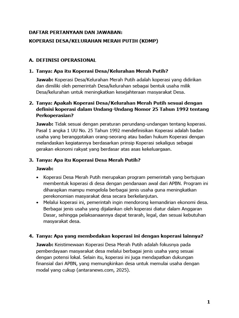 Daftar Pertanyaan Dan Jawaban KDMP | PDF