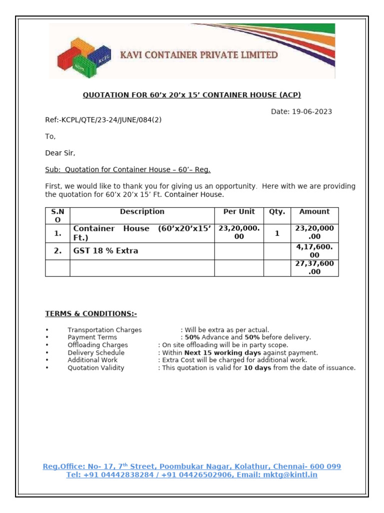 KCPL - Acp Quotation (60'x20'x15' FT.) | PDF | Manufactured Goods ...