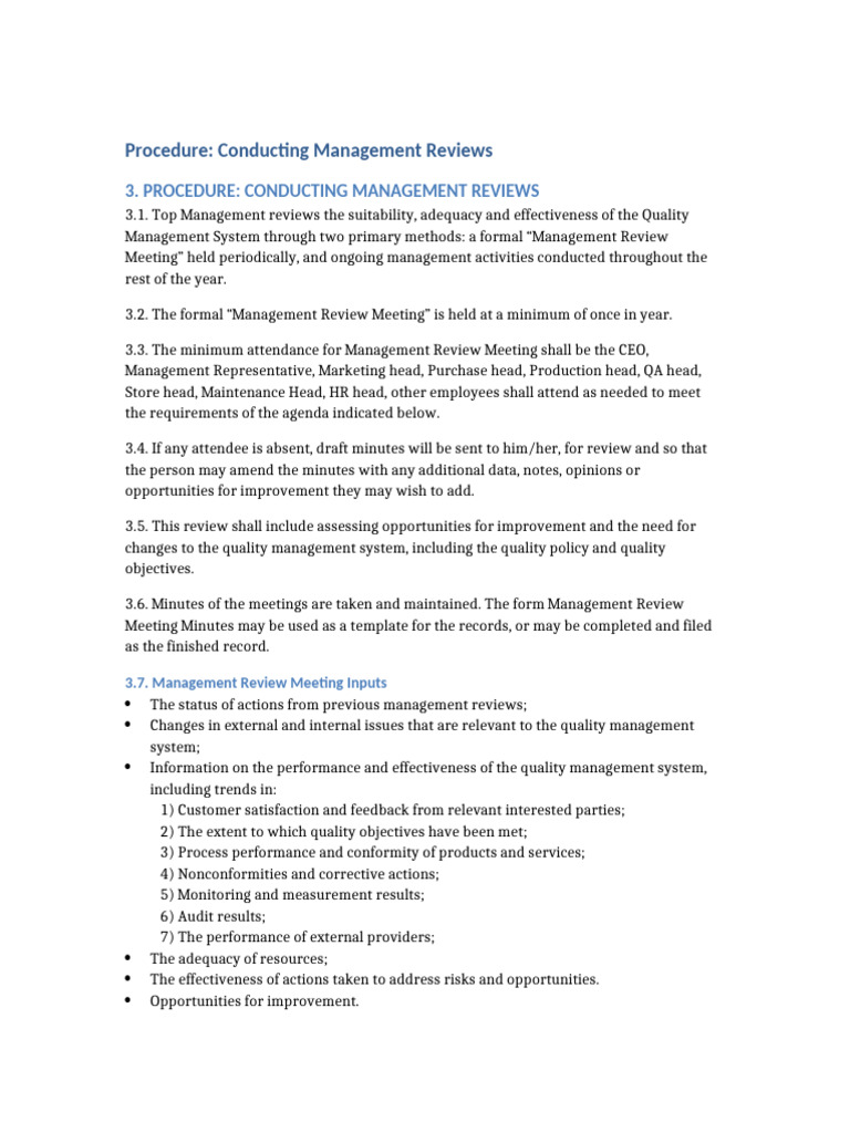 Procedure Conducting Management Reviews ISO13485 | PDF | Audit ...