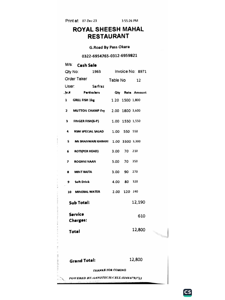 Lunch Receipt 7 Dec 2023 | PDF