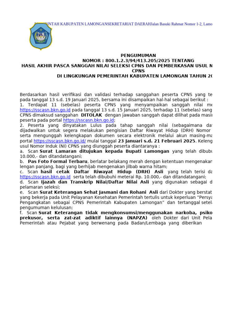 Pengumuman Hasil Akhir Pasca Sanggah Nilai Seleksi CPNS Tahun 2024 | PDF
