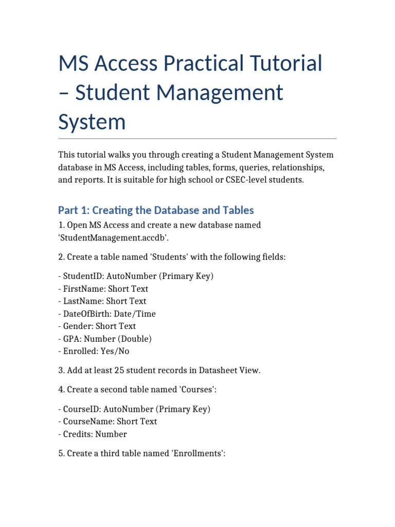 MS Access Student Management Tutorial | PDF