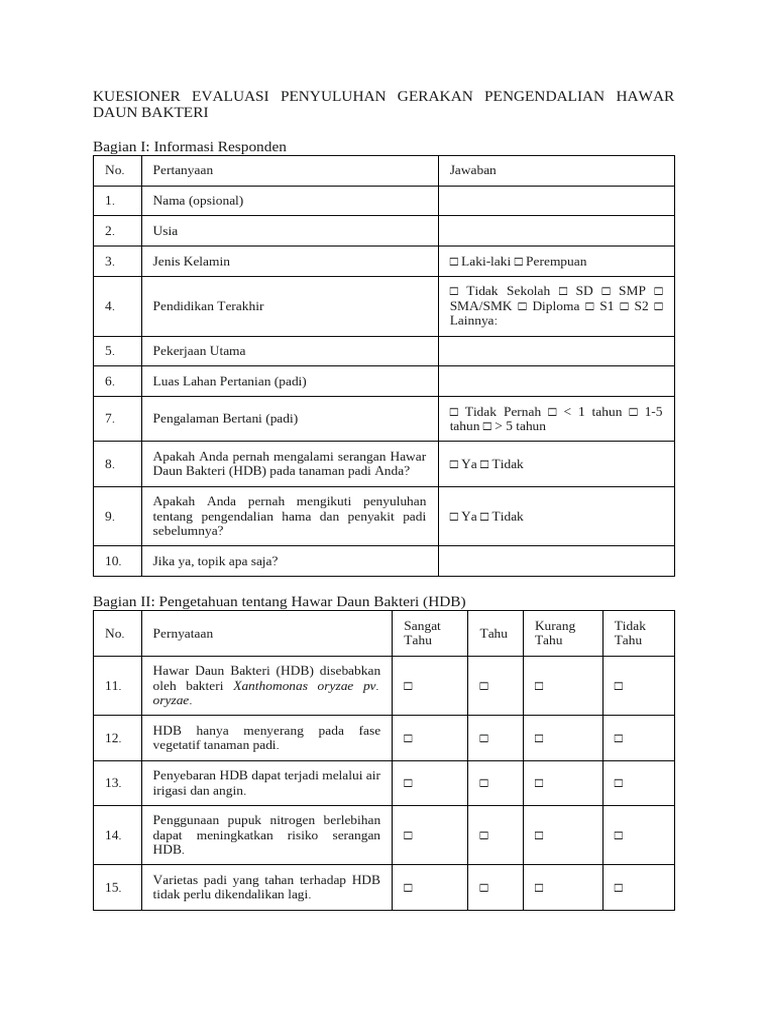 Kuesioner Evaluasi Penyuluhan Gerakan Pengendalian Hawar Daun Bakteri | PDF