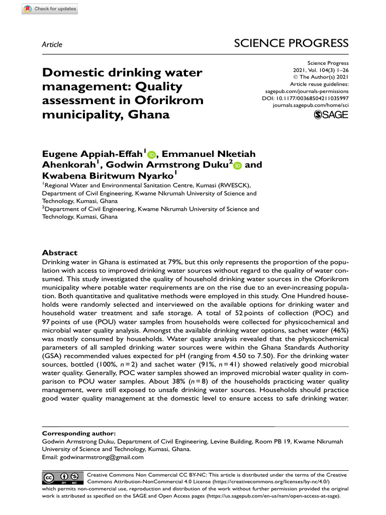 Appiah Effah Et Al 2021 Domestic Drinking Water Management Quality Assessment in Oforikrom ...
