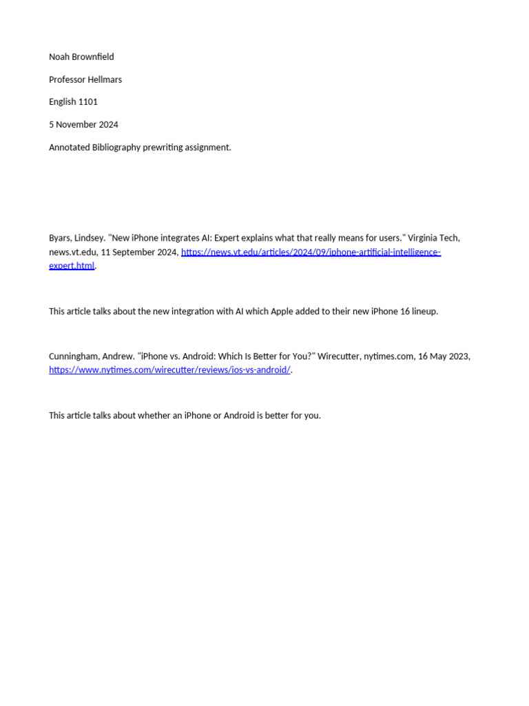 Noah Brownfield - Annotated Bibliography Prewriting Assignment | PDF