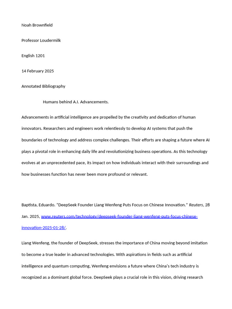 Noah Brownfield - Annotated Bibliography Final Draft 2025 | PDF | Artificial Intelligence ...