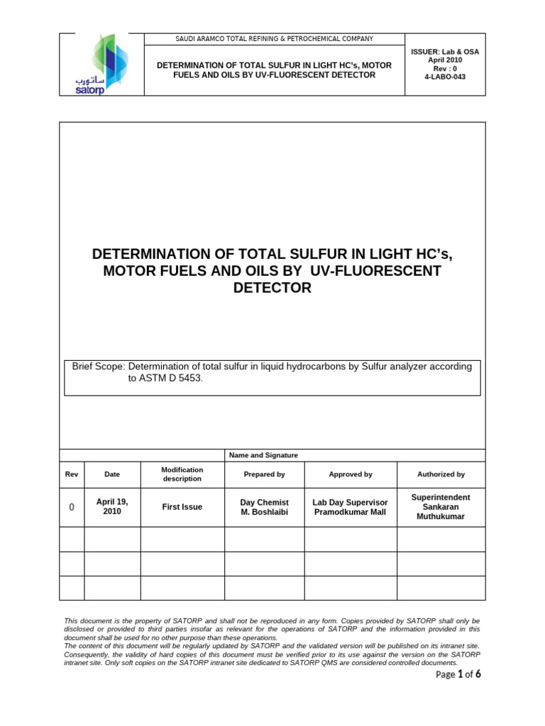 LABO-043 - Total sulfur in light HC,s BY UV-FLUORESCENT DETECTOR | PDF ...