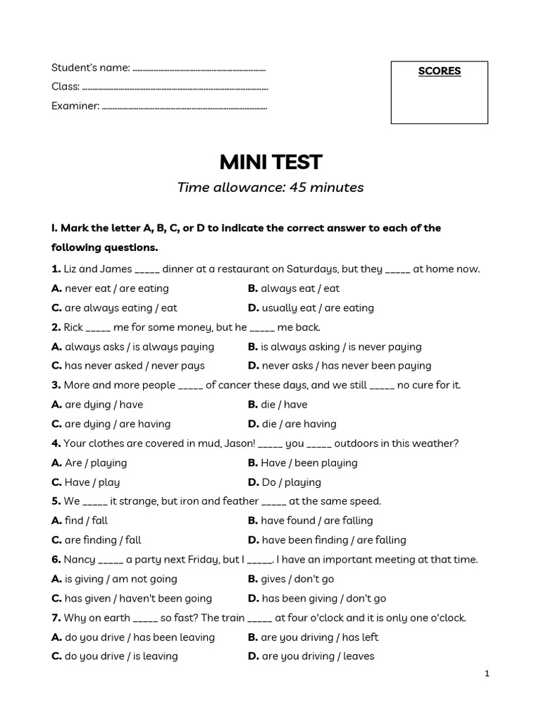 English Mini Test for Students | PDF