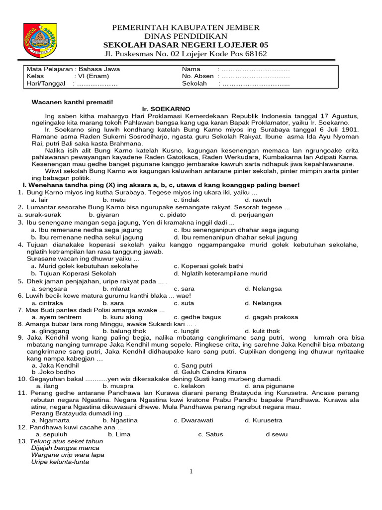 Soal Bhs Jawa kl.6 Smser 2 | PDF