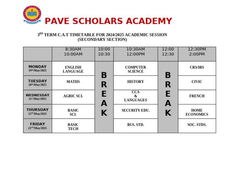 C.A.T Timetable Secondary | PDF