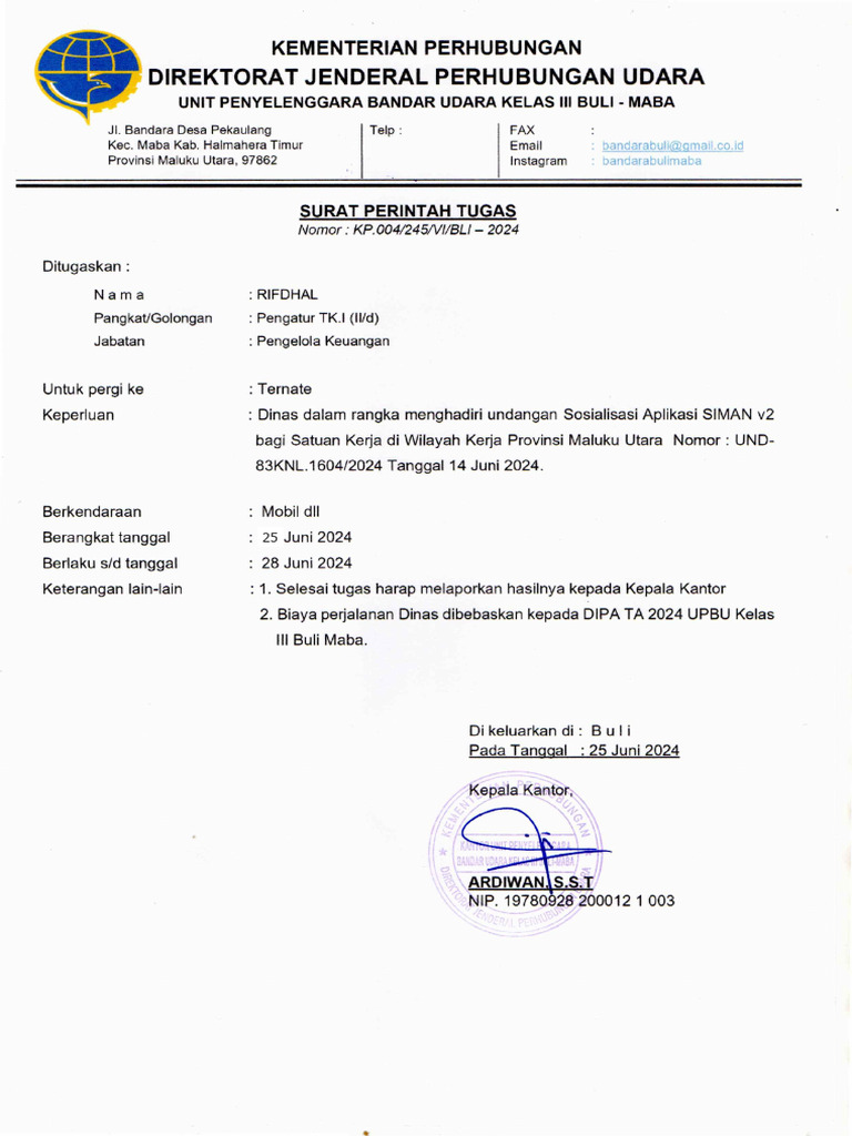 Surat Perntah Tugas Rifdal 2024 | PDF