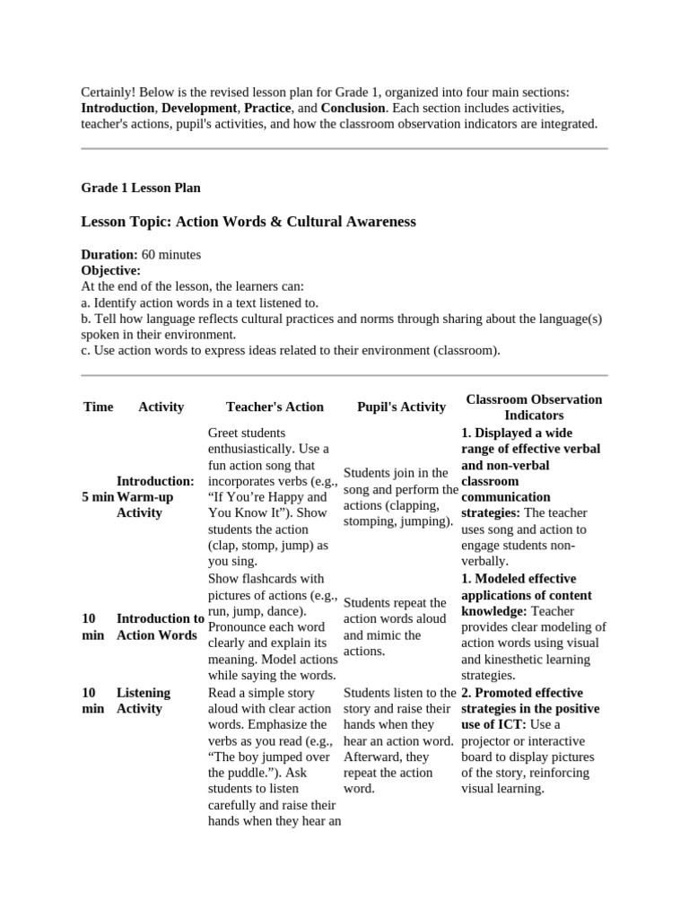 Grade 1 Action Words Lesson Plan | PDF | Learning | Educational Technology