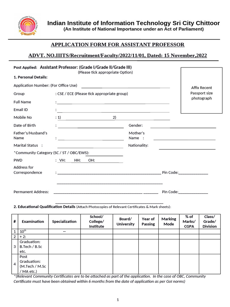Assistant Professor Application Form | PDF | Thesis | Doctor Of Philosophy