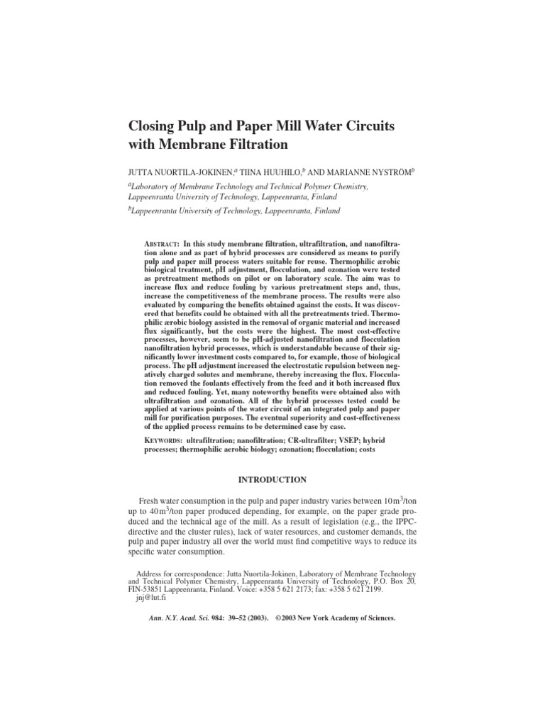 Closing Pulp and Paper Mill Water Circuits With Membrane Fil PDF | PDF ...