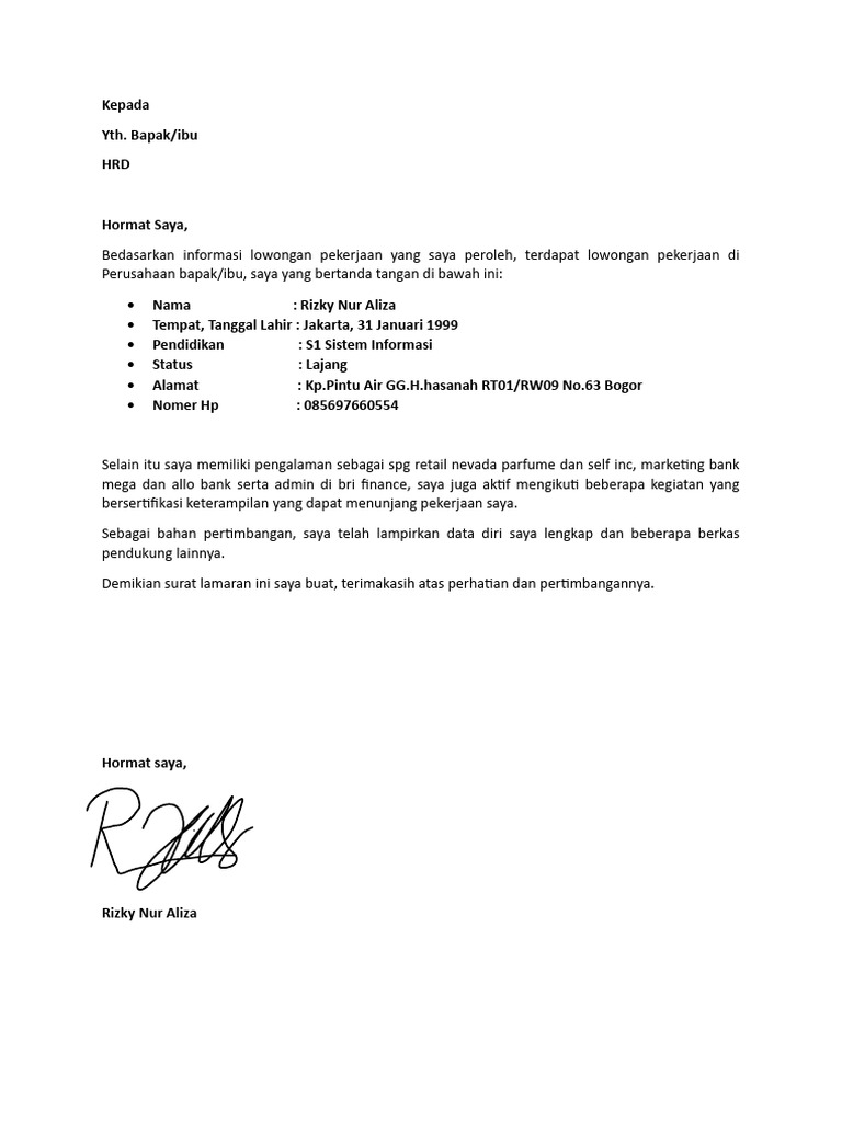 (Berkas Lamaran Rizky Nur Aliza)PDF | PDF