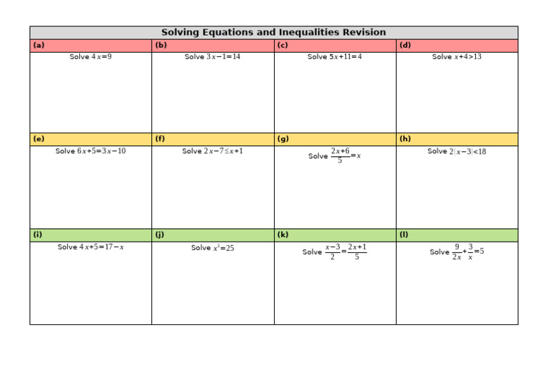 Solving Equations and Inequalities Revision Practice Grid | PDF