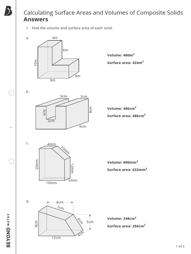 Calculating Surface Areas and Volumes of Composite Solids (Answers) | PDF | Area | Volume