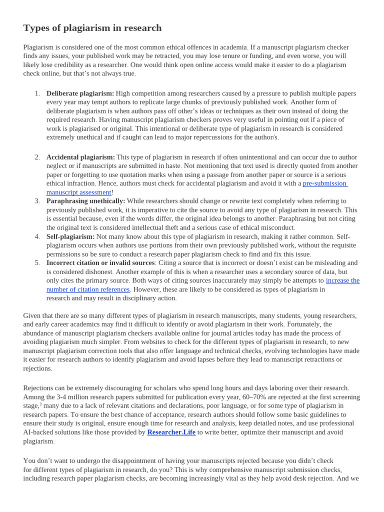 Types of Plagiarism in Research | PDF | Plagiarism | Citation