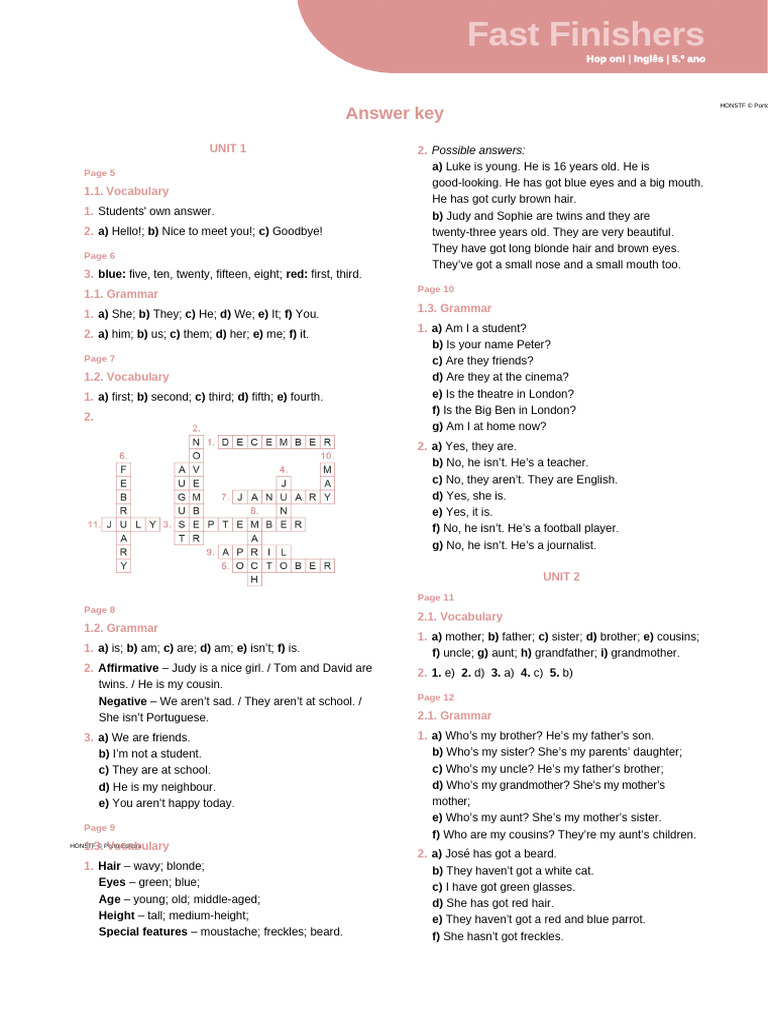 Hon5 TF Fast Finishers Answer Key | PDF