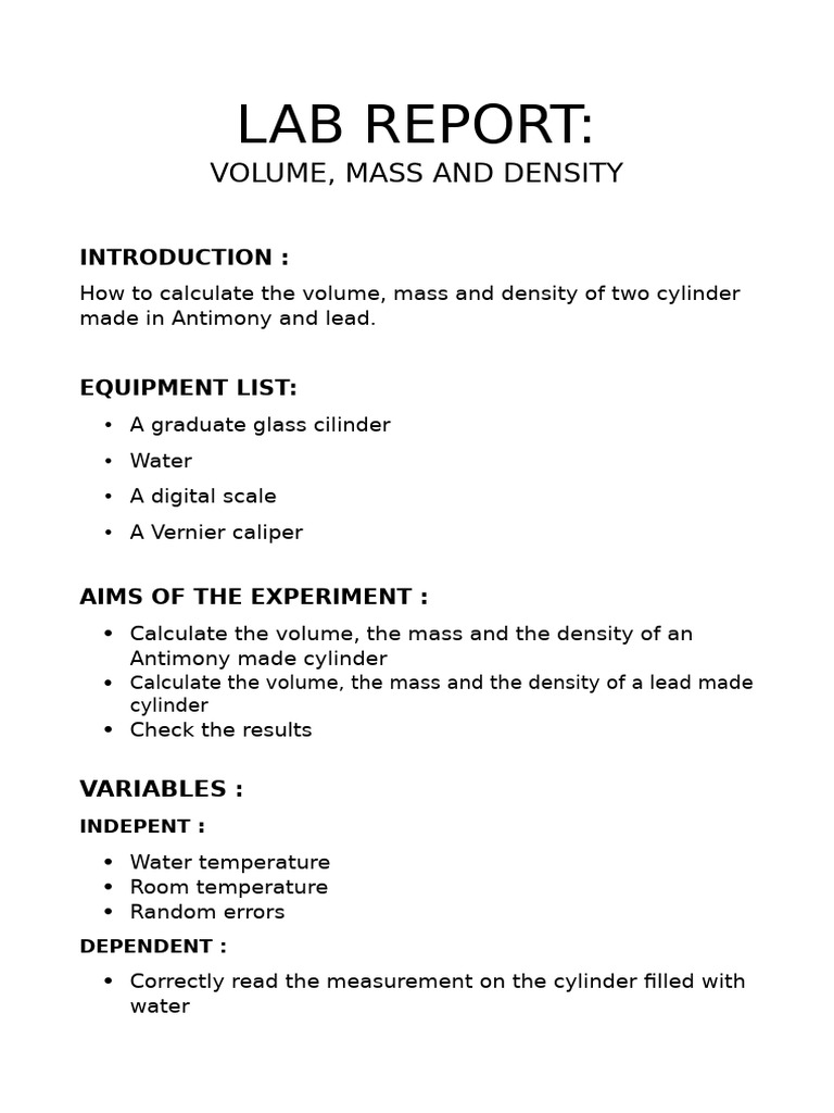 LAB REPORT Physics | PDF | Volume | Density