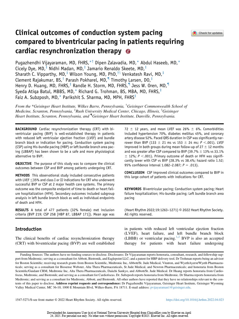 Clinical Outcomes of Conduction System Pacing Compared To Biventricular ...