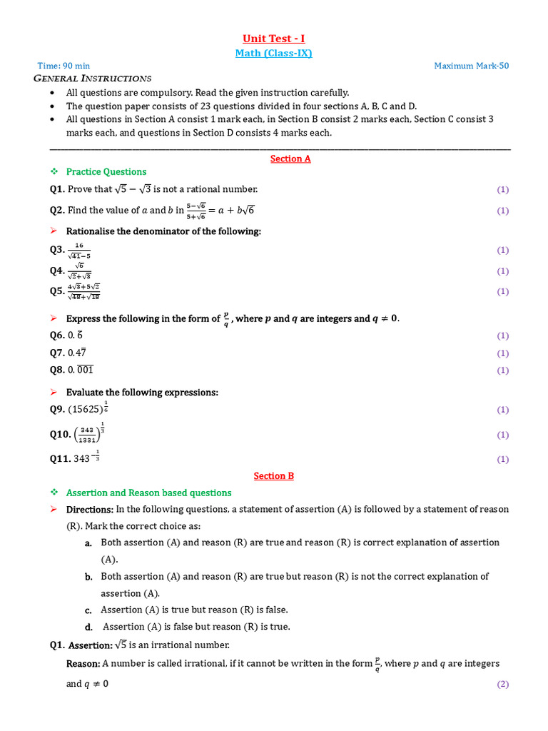 Unit Test Math Class 9th 15-03-2024 | PDF | Numbers | Real Number