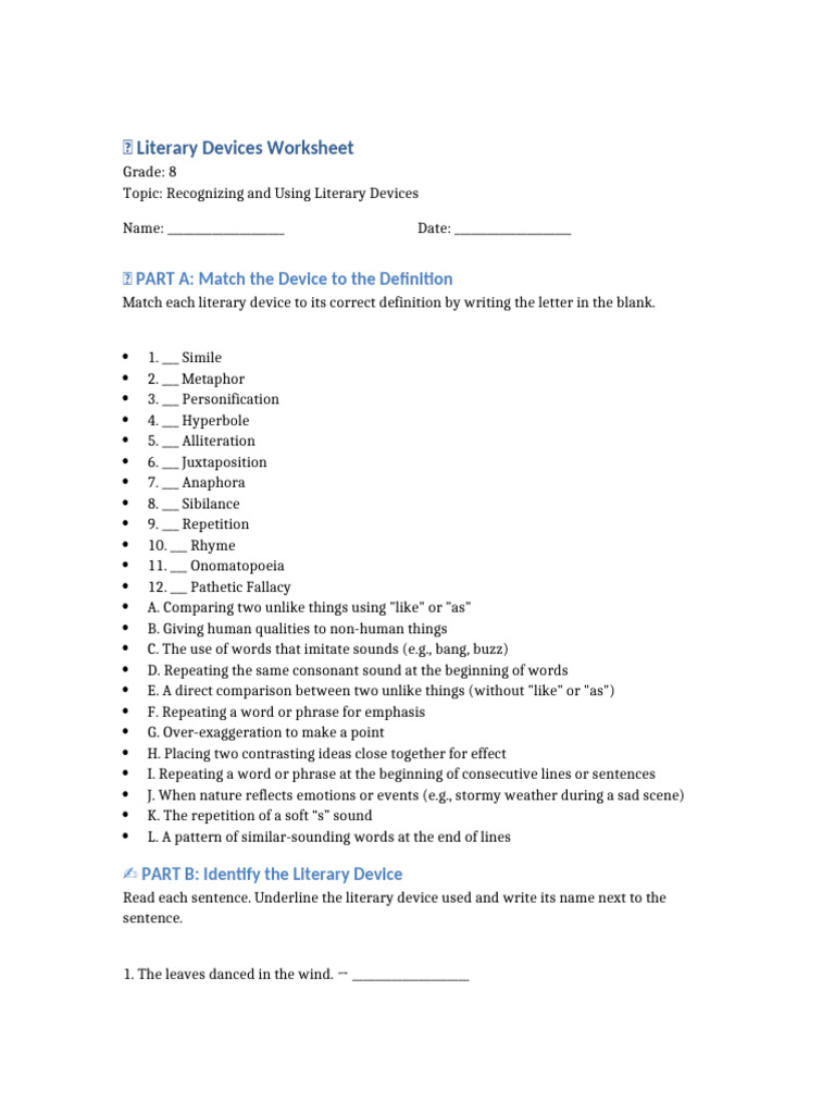 Literary Devices Worksheet Grade8 | PDF | Linguistics