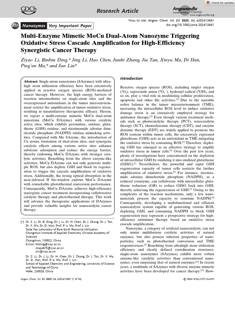 Multi-Enzyme Mimetic MoCu Dual-Atom Nanozyme Triggering Oxidative ...