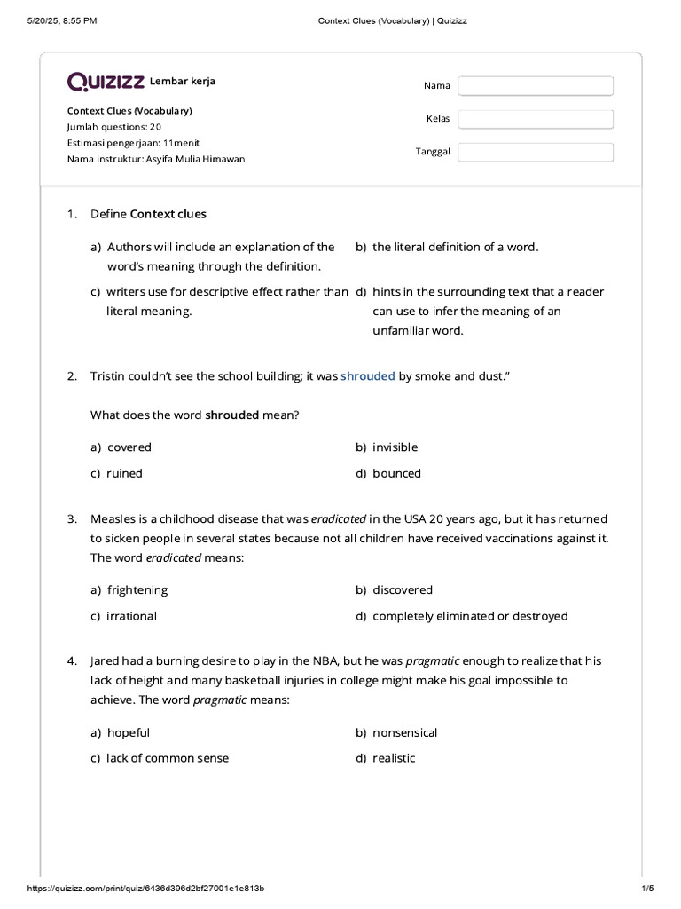 Context Clues (Vocabulary) - Quizizz | PDF