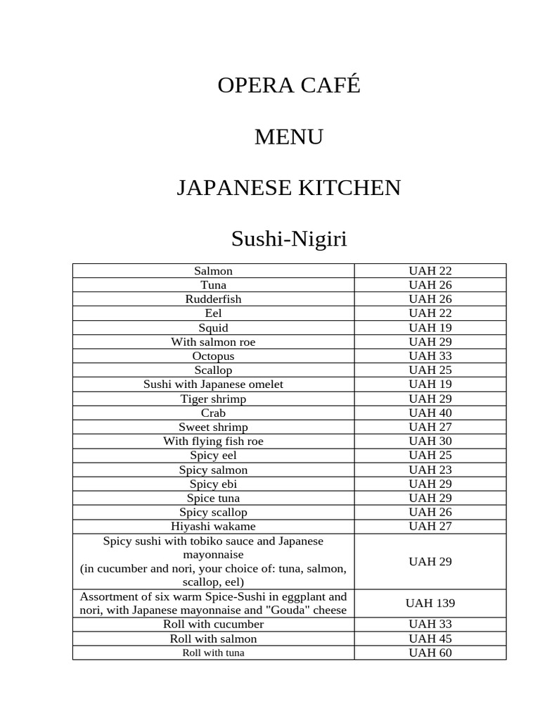 menu Opera Cafe япония | PDF | Sushi | Cooking