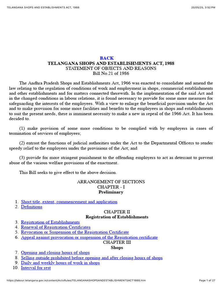 Telangana Shops and Establishments Act, 1988 | PDF | Employment | Overtime