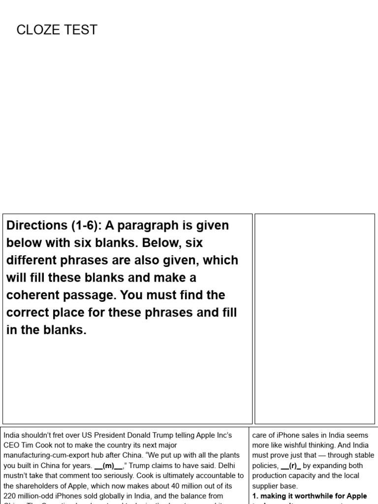 Cloze Test + Mixed Questions Class 1 no annotation 20th May | PDF