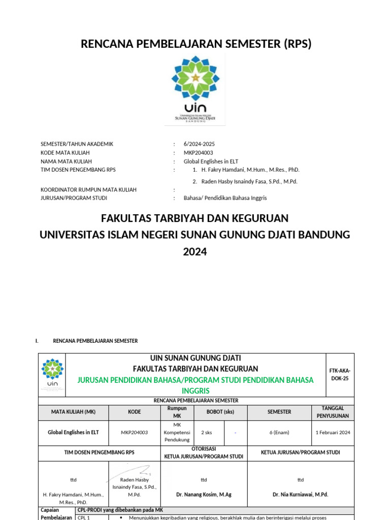 RPS_Global English in ELT_Genap 2025 | PDF