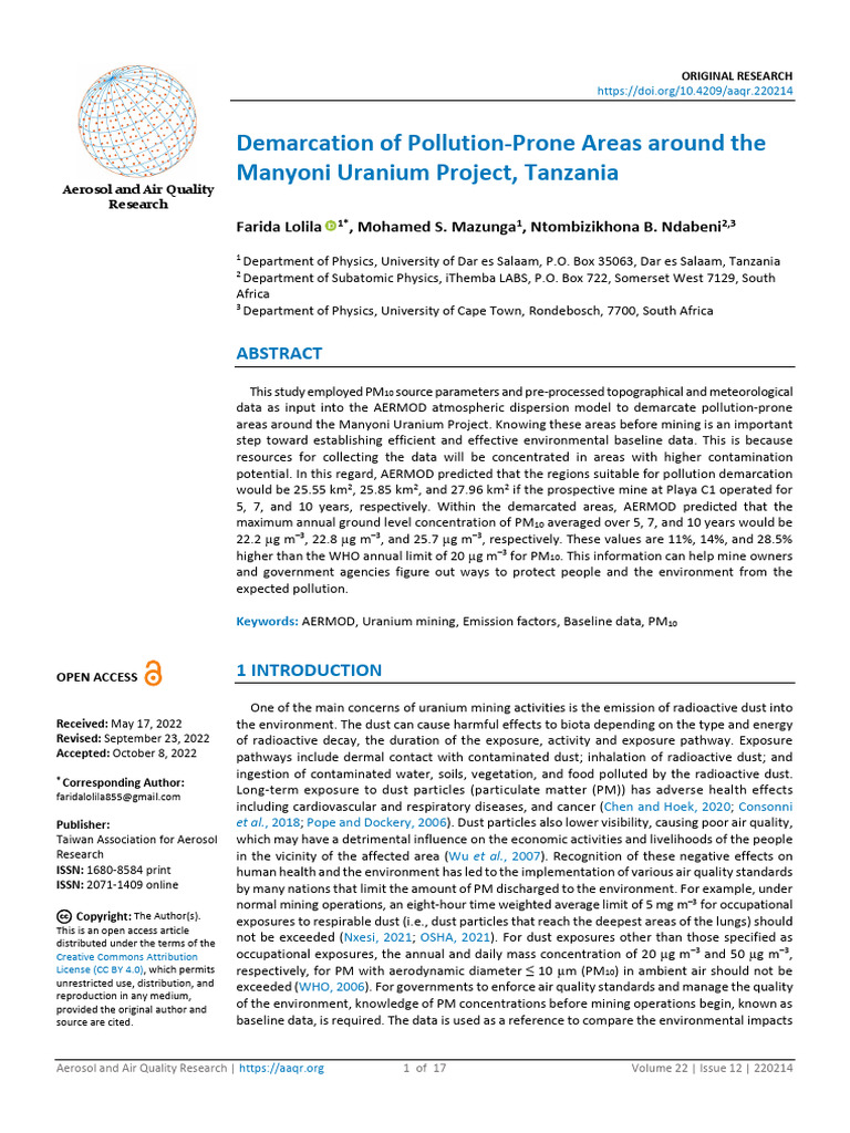 Manyoni Uranium Project, Tanzania | PDF | Particulates | Air Pollution