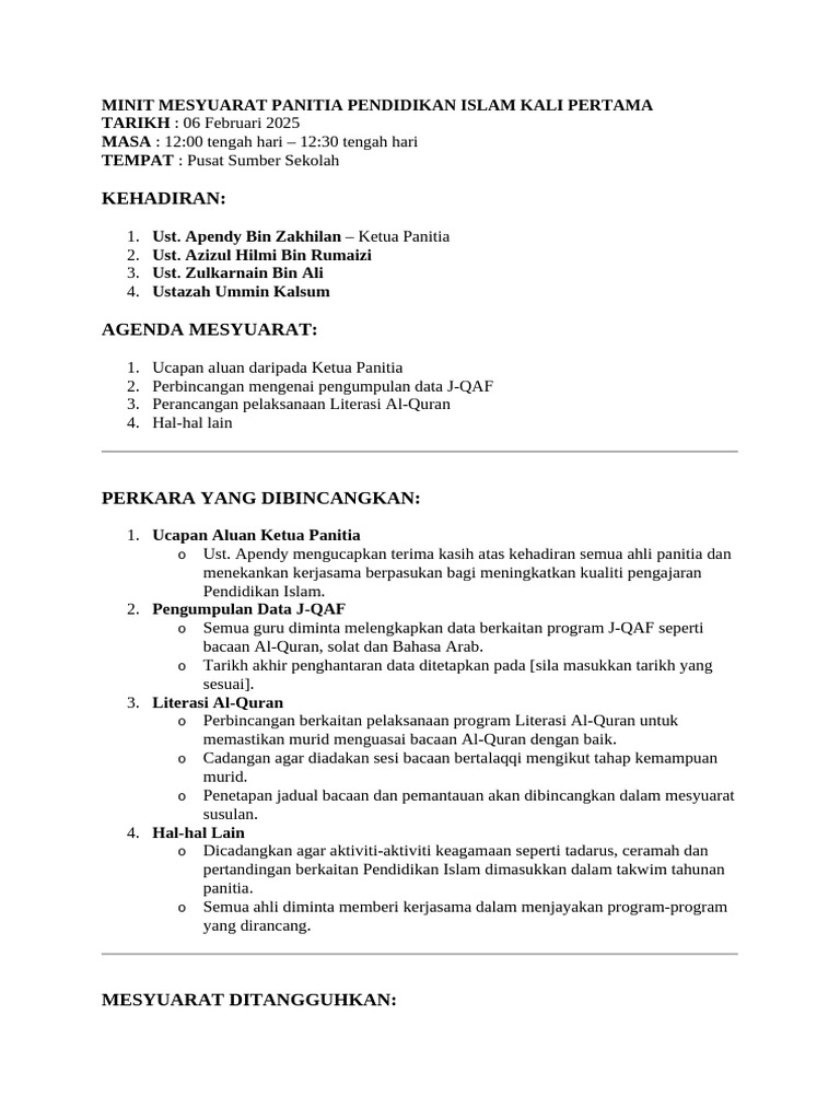 Minit Mesyuarat Panitia Pendidikan Islam Kali Pertama | PDF