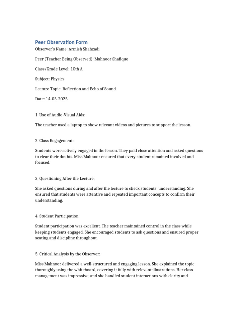 Peer Observation: Physics Lesson Review | PDF