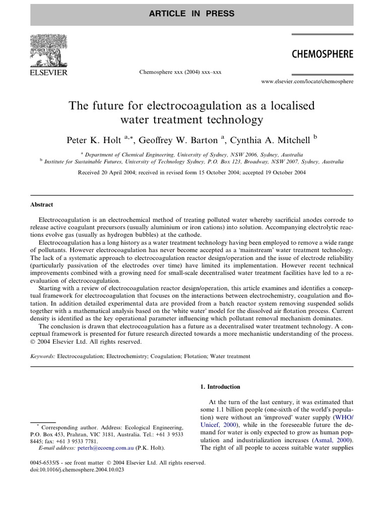Future of Electrocoagulation in Water Treatment | PDF | Materials ...