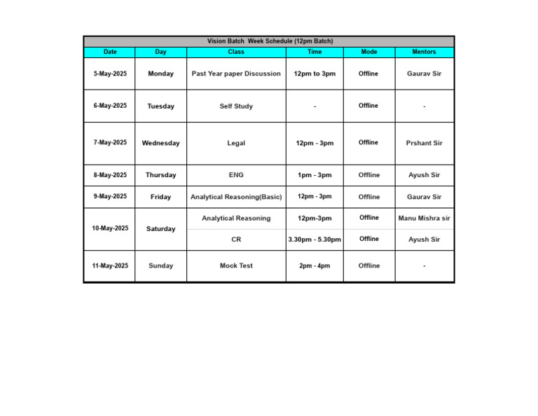 Weekly Schedule Vidhigya - Vision Batch | PDF